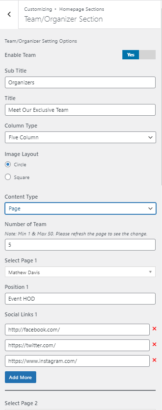 Team/Organizer Section - Shark Themes